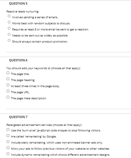 Solved QUESTION 5 Reactive leads nurturing: Involves sending | Chegg.com