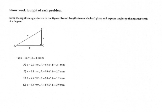Solved Show work to right of each problem. Solve the right | Chegg.com