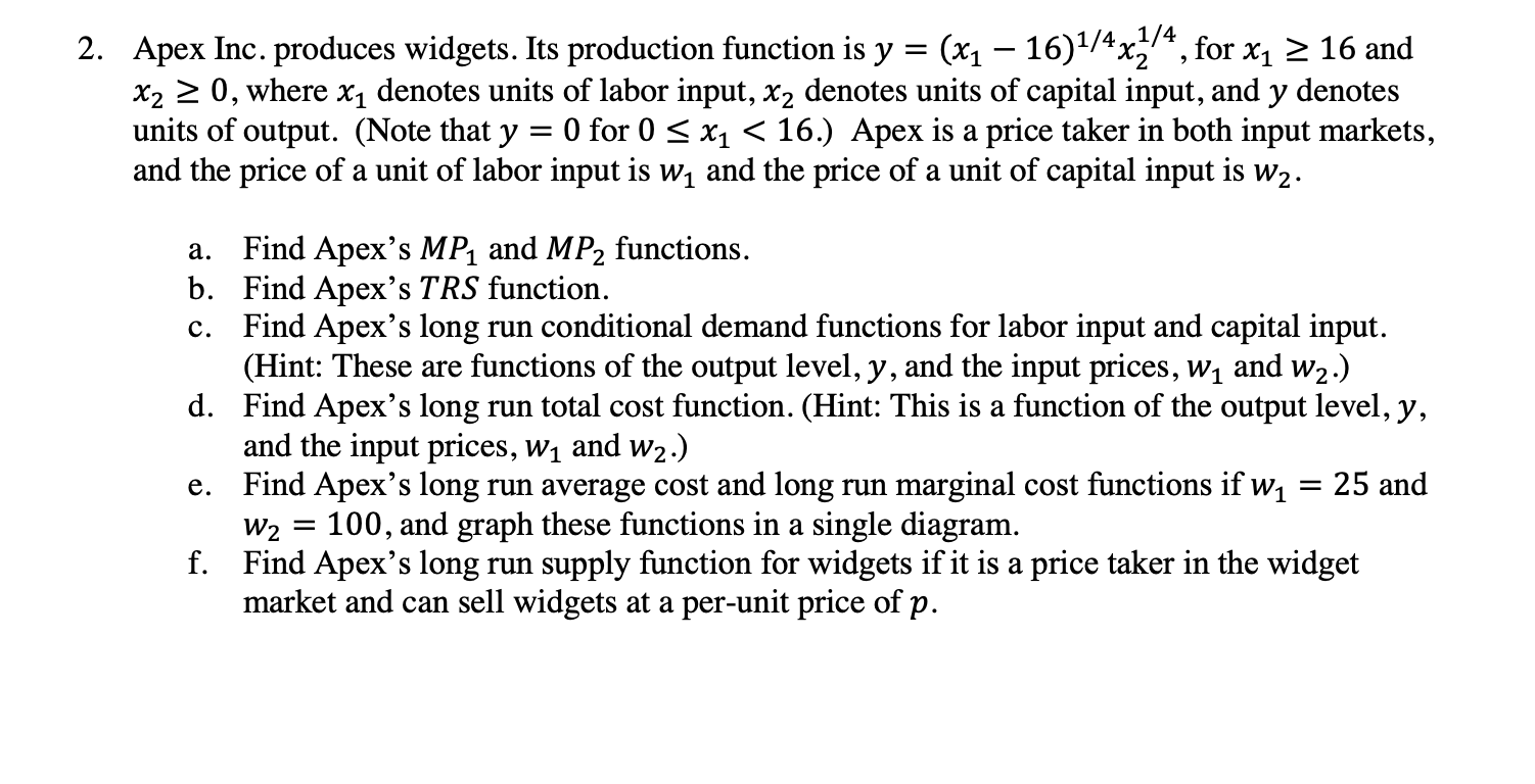 Solved 2. Apex Inc. produces widgets. Its production | Chegg.com