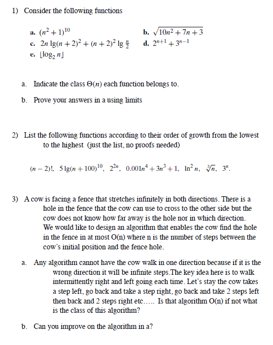 Solved 1) Consider the following functions a. (n2 + 1,10 c. | Chegg.com