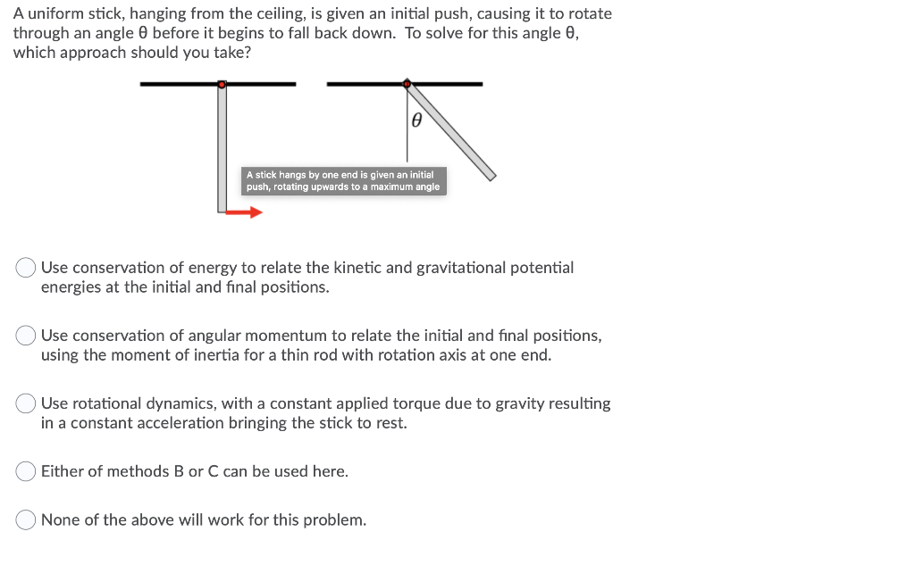 Solved A uniform stick, hanging from the ceiling, is given | Chegg.com
