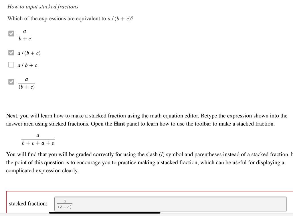Solved How to input stacked fractions Which of the | Chegg.com