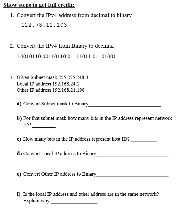 Solved Show Steps To Get Full Credit 1 Convert The Ipv4 