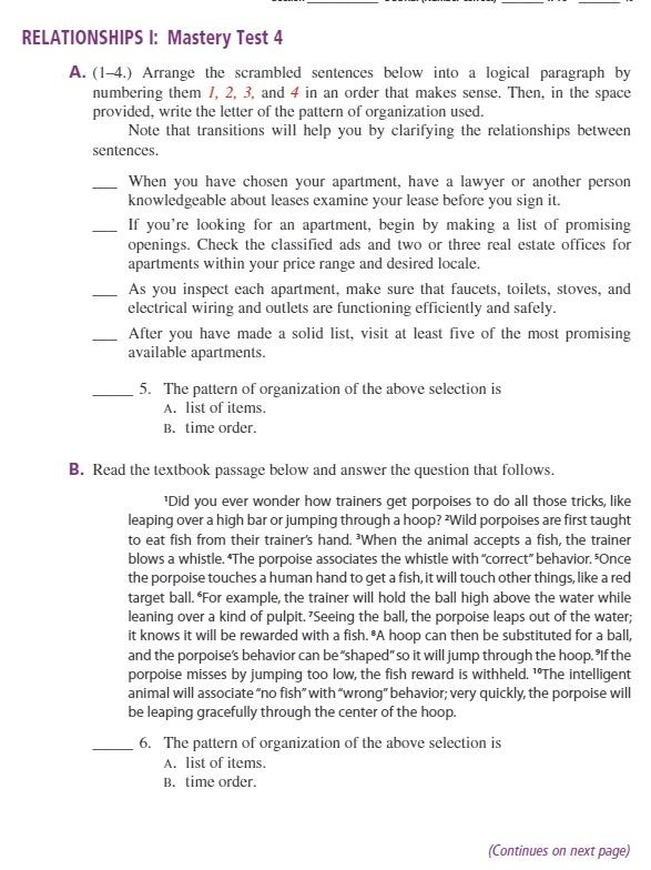Solved Relationships I Mastery Test 4 A 1 4 Arrange The