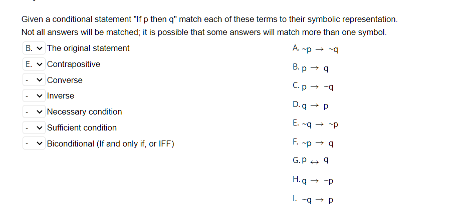 Solved Given a conditional statement "If p then q" match | Chegg.com