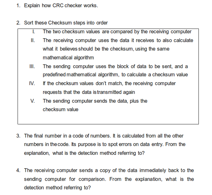 Solved 1. Explain how CRC checker works. 2. Sort these | Chegg.com