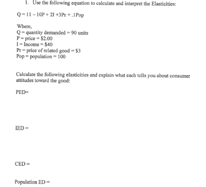 Solved 1. Use the following equation to calculate and | Chegg.com