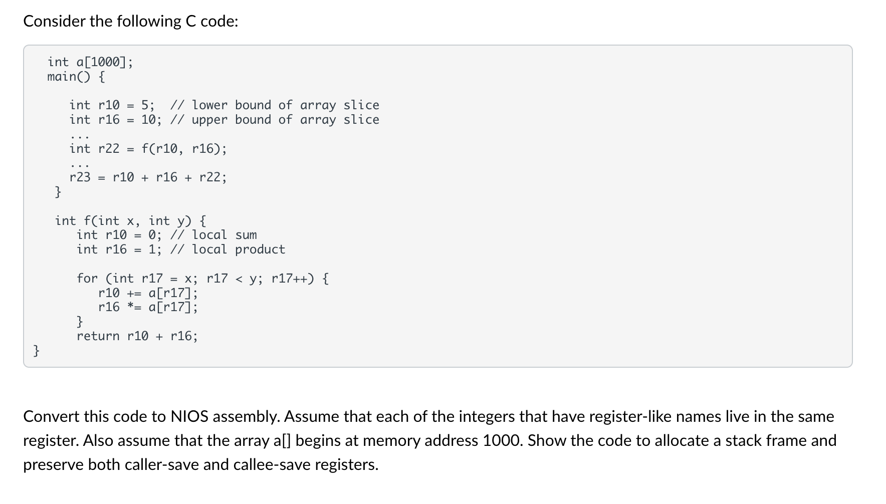 Solved int a[1000]; main( ) \{ int r10=5;// lower bound of | Chegg.com