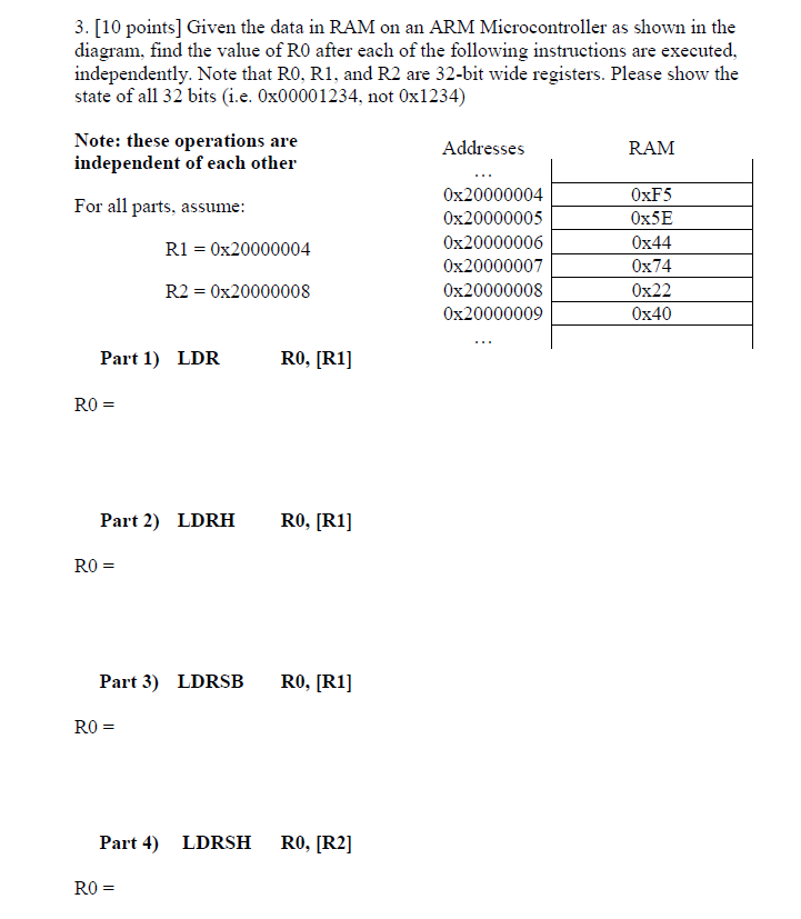 Solved 3. [10 points] Given the data in RAM on an ARM | Chegg.com