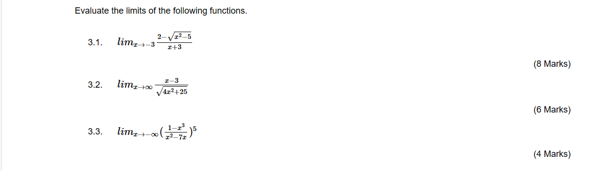 Solved Evaluate the limits of the following functions. 3.1. | Chegg.com
