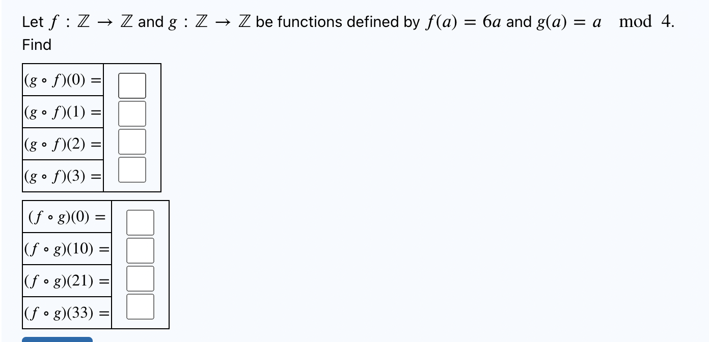 Solved Let f:Z→Z and g:Z→Z be functions defined by f(a)=6a | Chegg.com
