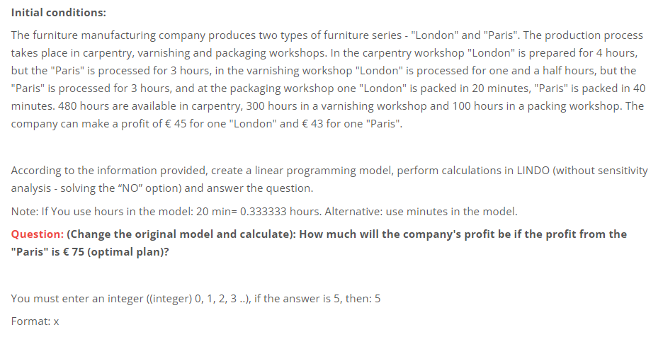 Solved Initial conditions: The furniture manufacturing | Chegg.com