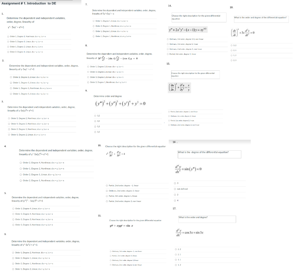 Solved Assignment # 1. Introduction to DE 7. 14. 18. | Chegg.com