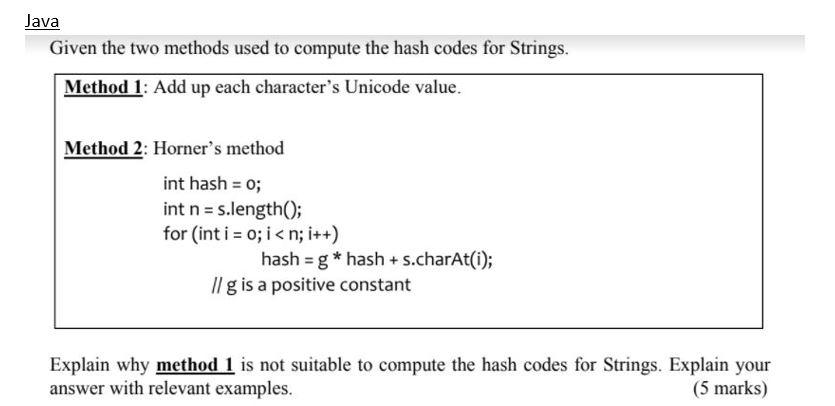 Solved Java Given the two methods used to compute the hash | Chegg.com