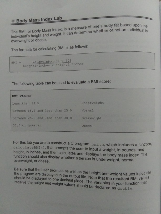 Body Mass Index Lab ne's body fat based upon the The | Chegg.com