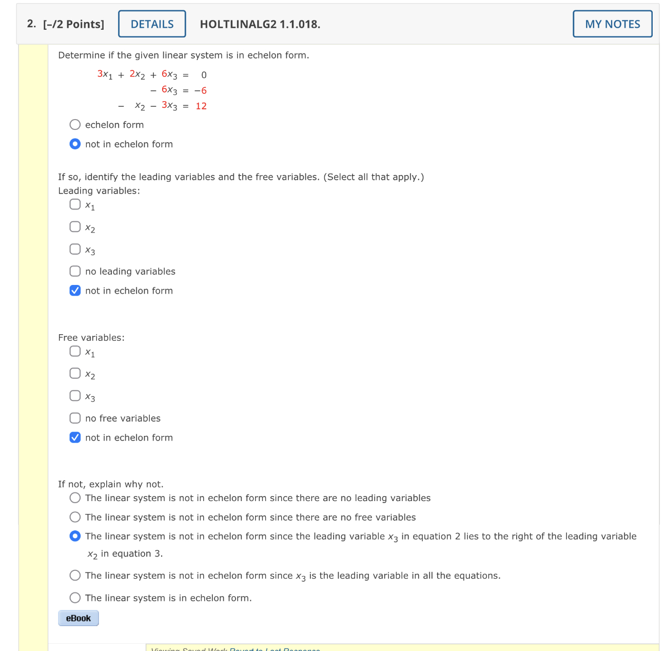 Solved Determine if the given linear system is in echelon | Chegg.com