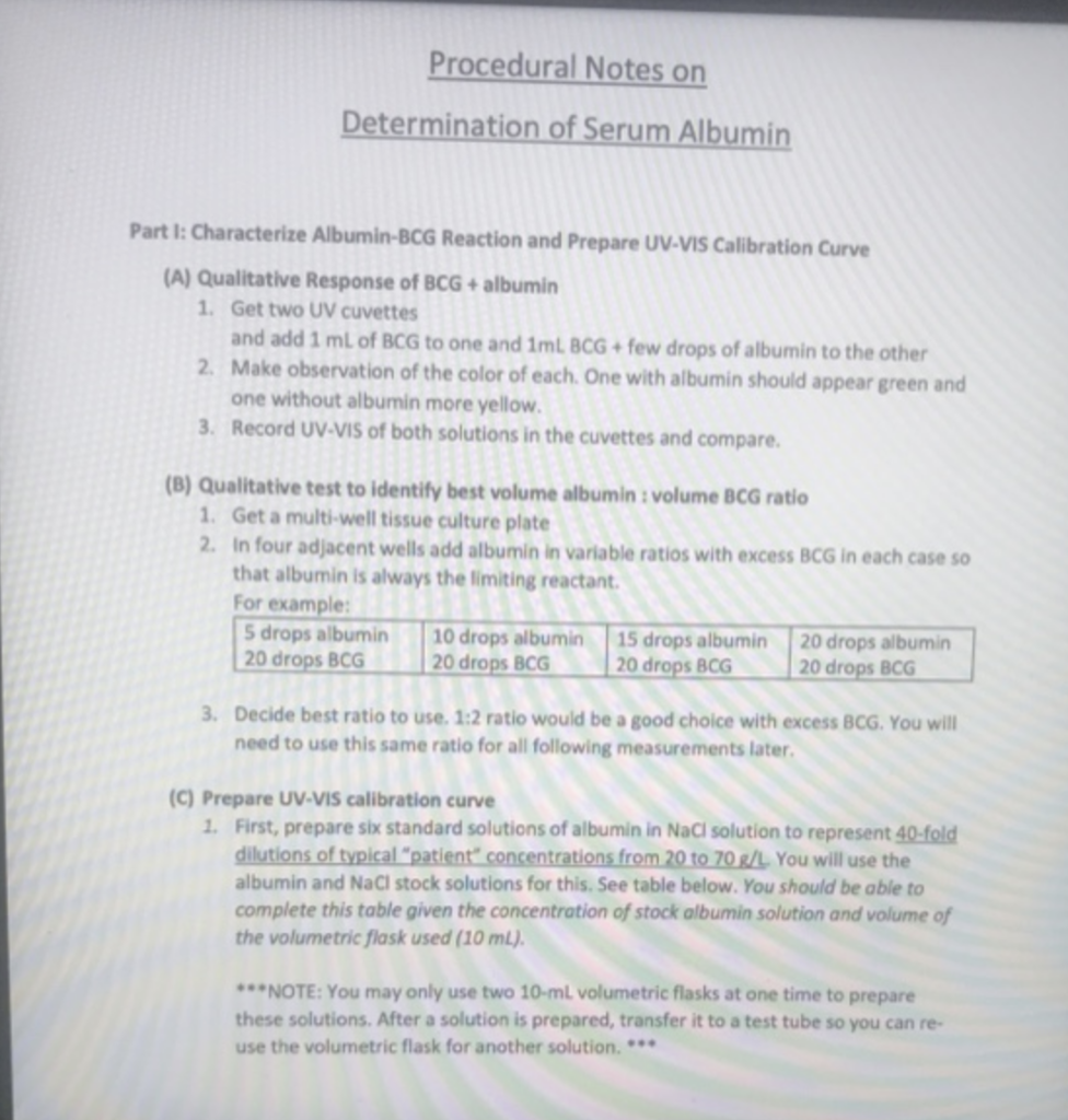 Solved Part 1: Characterize Albumin-BCG Reaction and Prepare | Chegg.com