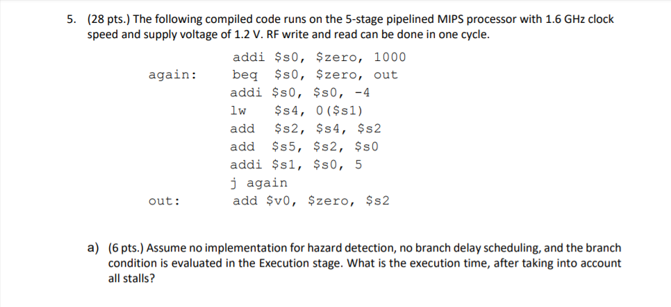 (28 pts.) The following compiled code runs on the | Chegg.com