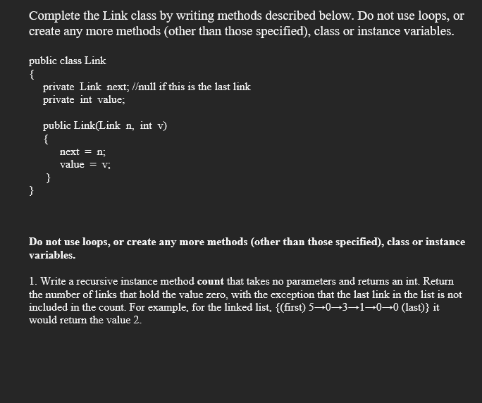 Solved Complete the Link class by writing methods described | Chegg.com