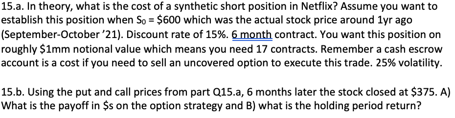Solved 15.a. In theory, what is the cost of a synthetic | Chegg.com