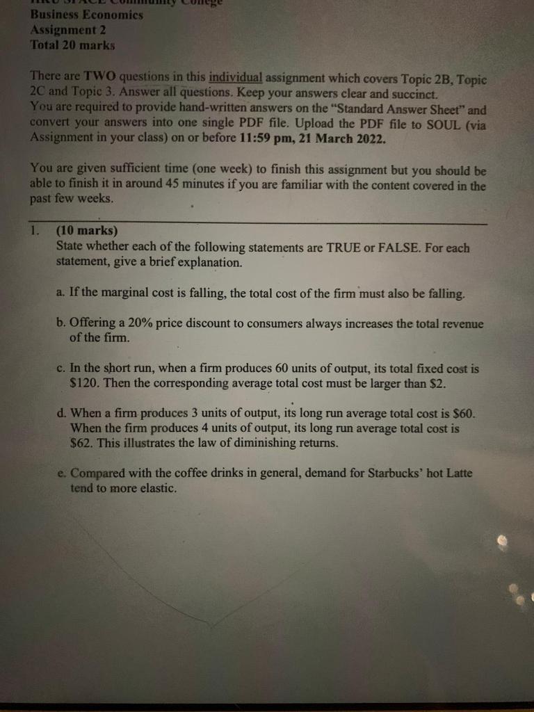 Solved Business Economics Assignment 2 Total 20 marks There | Chegg.com