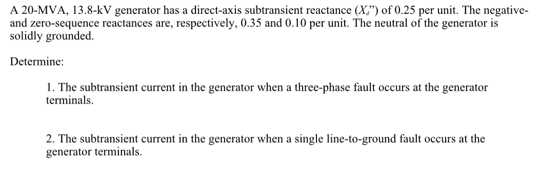 Solved 20-MVA, 13.8-kV generator has a direct-axis | Chegg.com