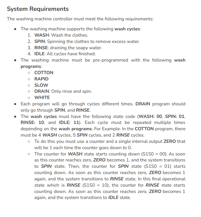 Solved System Requirements The washing machine controller | Chegg.com