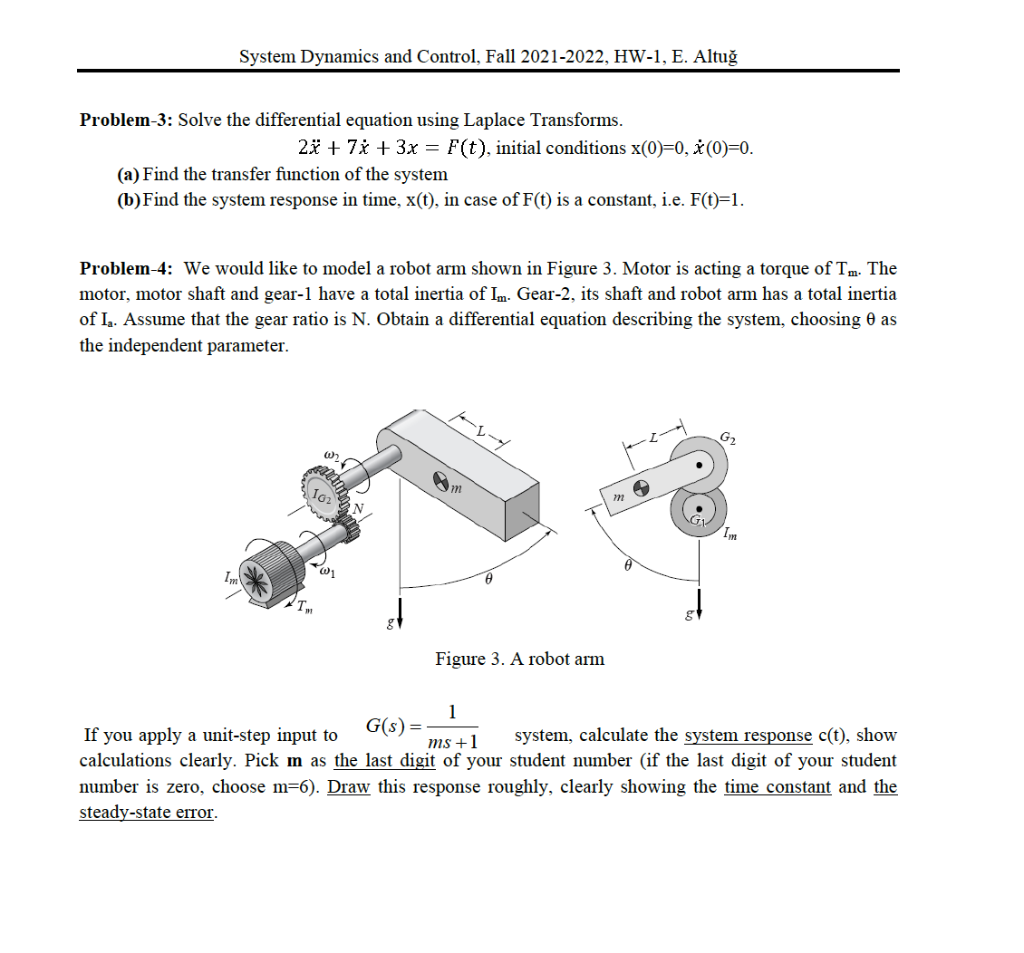 System Dynamics and Control, Fall 2021-2022, HW-1, E. | Chegg.com