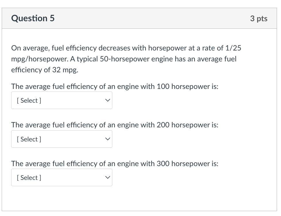 Solved On average, fuel efficiency decreases with horsepower | Chegg.com