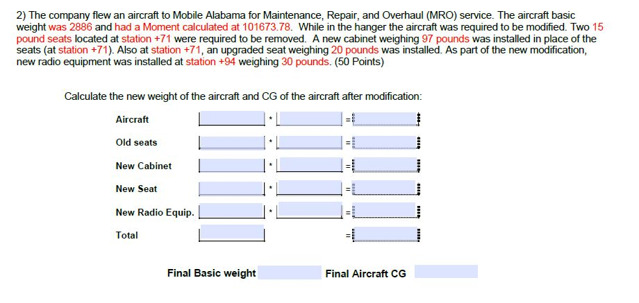 Weight and Balance Worksheet (You may use a | Chegg.com