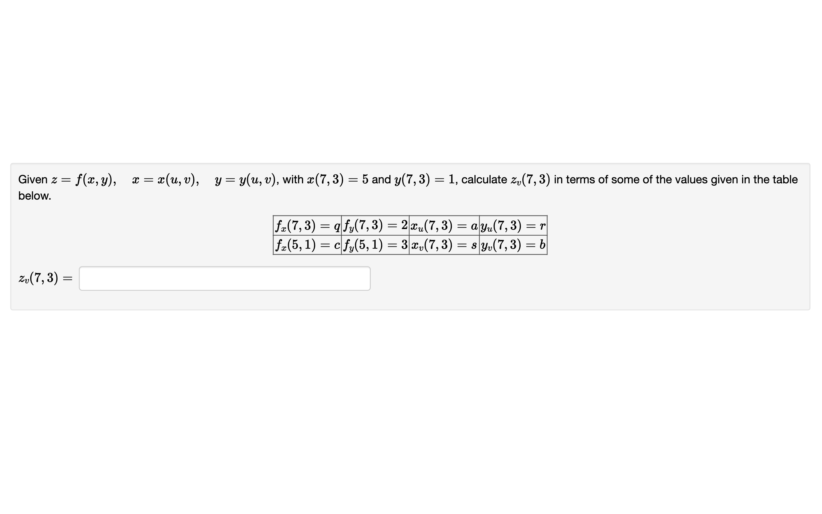 Solved Given z=f(x,y),x=x(u,v),y=y(u,v), with x(7,3)=5 and | Chegg.com