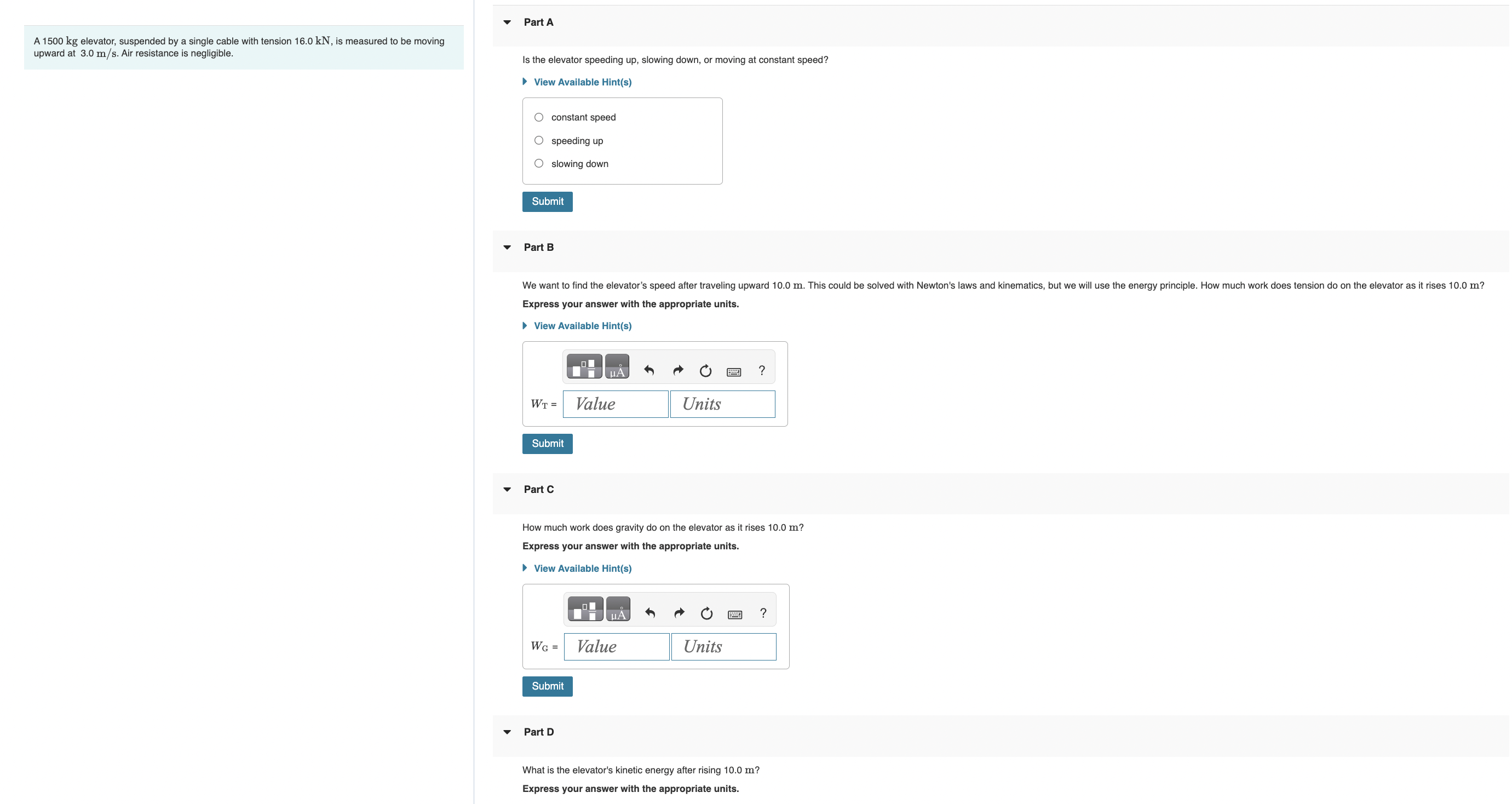 Solved Part A,B,C,D. ﻿A 1500kg ﻿elevator, suspended by a | Chegg.com