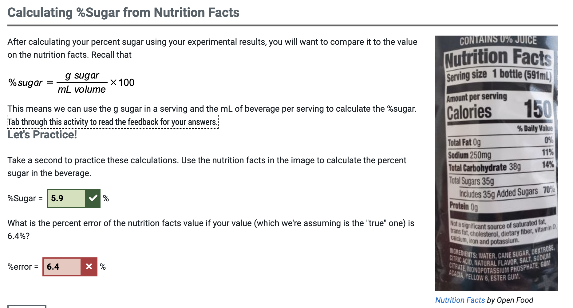 Solved After calculating your percent sugar using your | Chegg.com