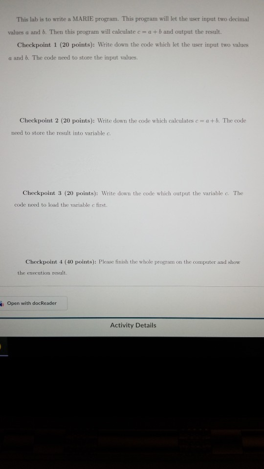 This lab is to write a MARIE program. This program | Chegg.com