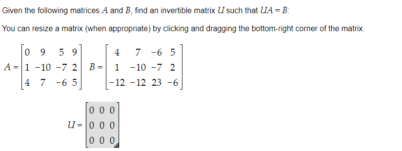 Solved Given the following matrices A and B, find an | Chegg.com