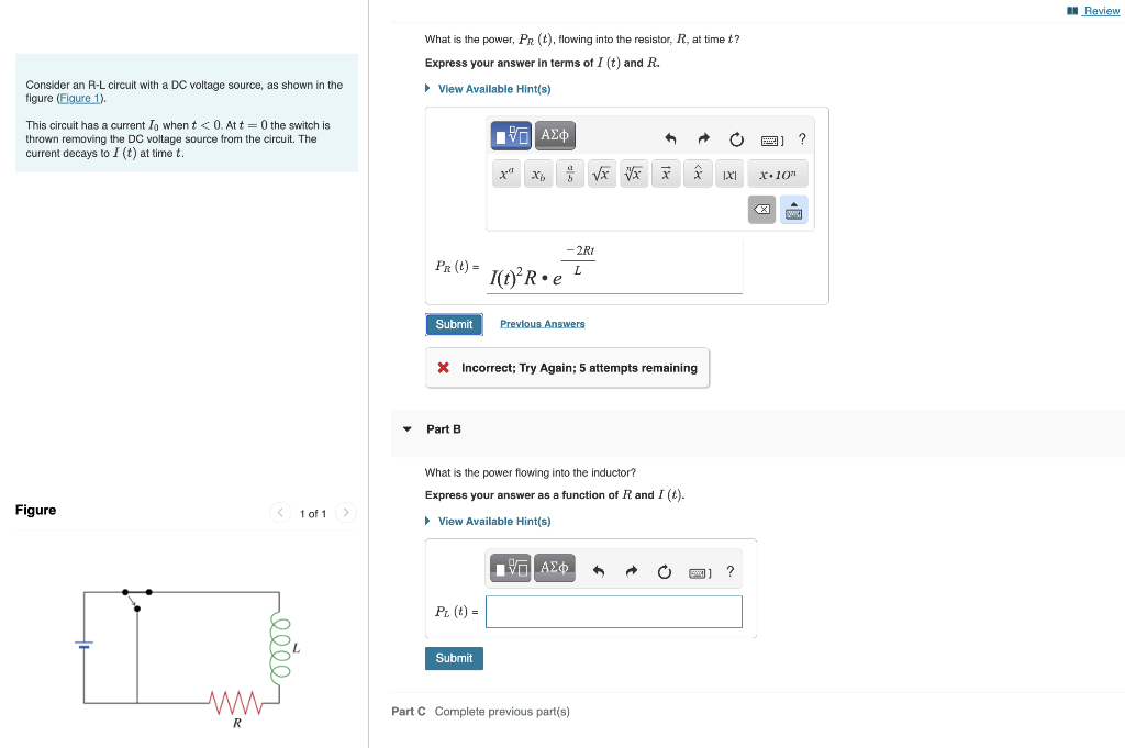 Solved What is the power, PR(t), flowing into the resistor, | Chegg.com