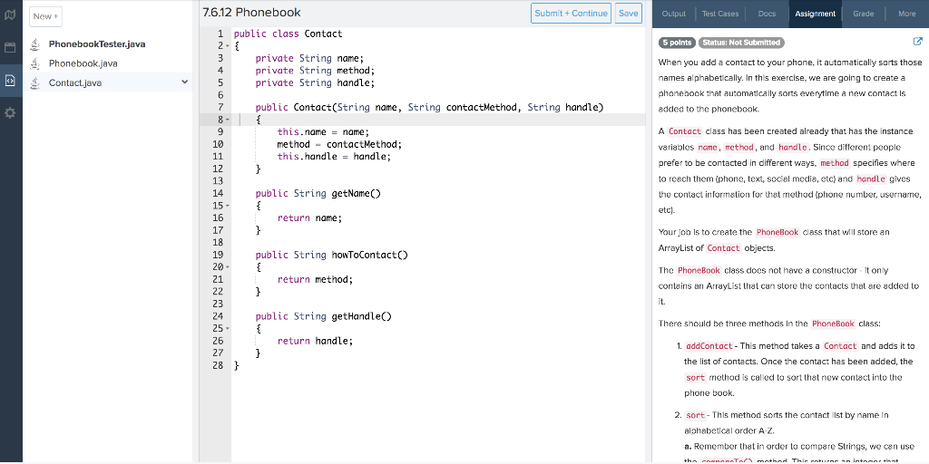 Solved M 7.6.12 Phonebook New + Submit + Continue Seve | Chegg.com