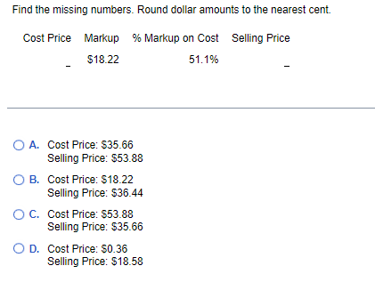 Solved Find the missing numbers. Round dollar amounts to the | Chegg.com