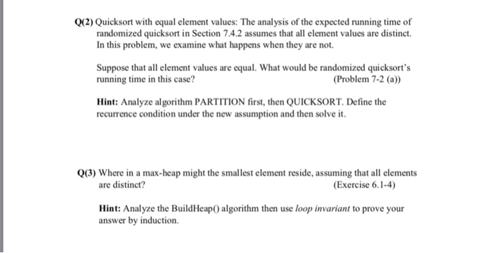 Solved Q2 Quicksort With Equal Element Values The