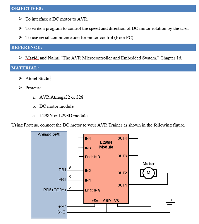OBJECTIVES: > To interface a DC motor to AVR. > To | Chegg.com