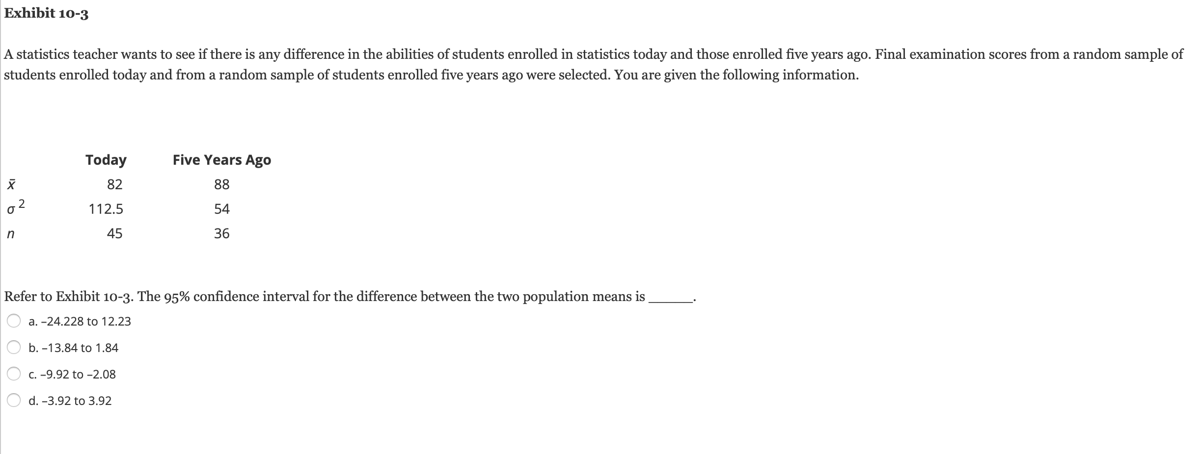 Solved Exhibit 10-3 A statistics teacher wants to see if | Chegg.com