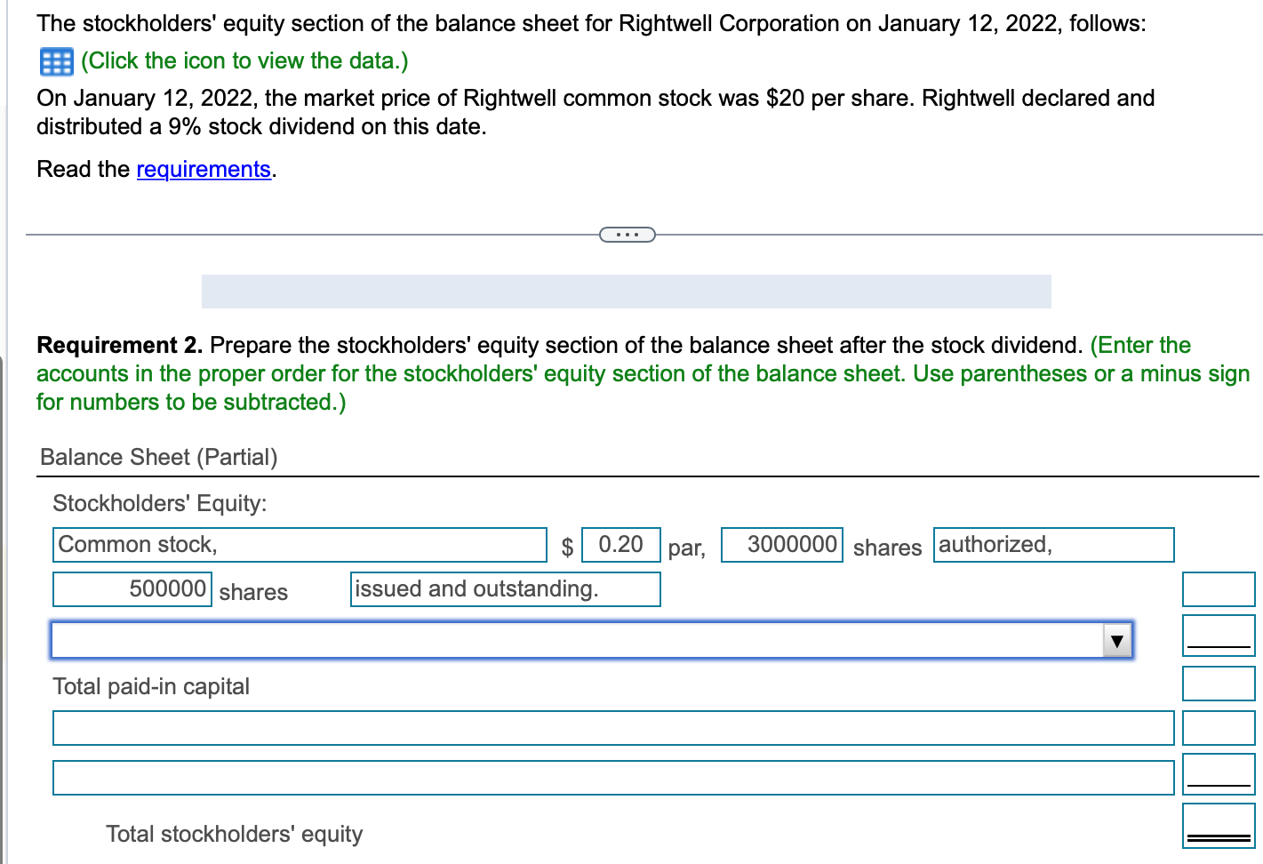 Solved The stockholders' equity section of the balance sheet | Chegg.com