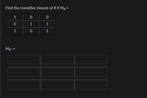 Solved Find the transitive closure of R if Mr = 1 O 0 0 1 1 | Chegg.com
