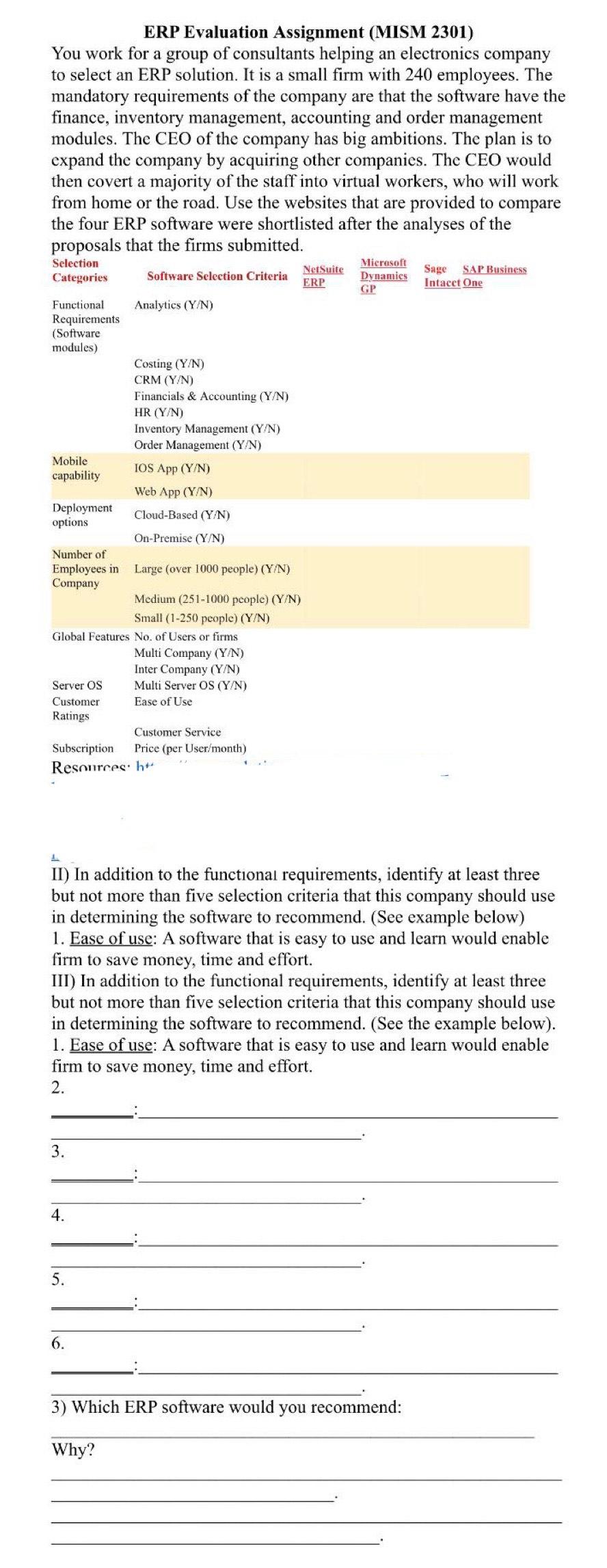 Solved ERP Evaluation Assignment (MISM 2301) You work for a | Chegg.com