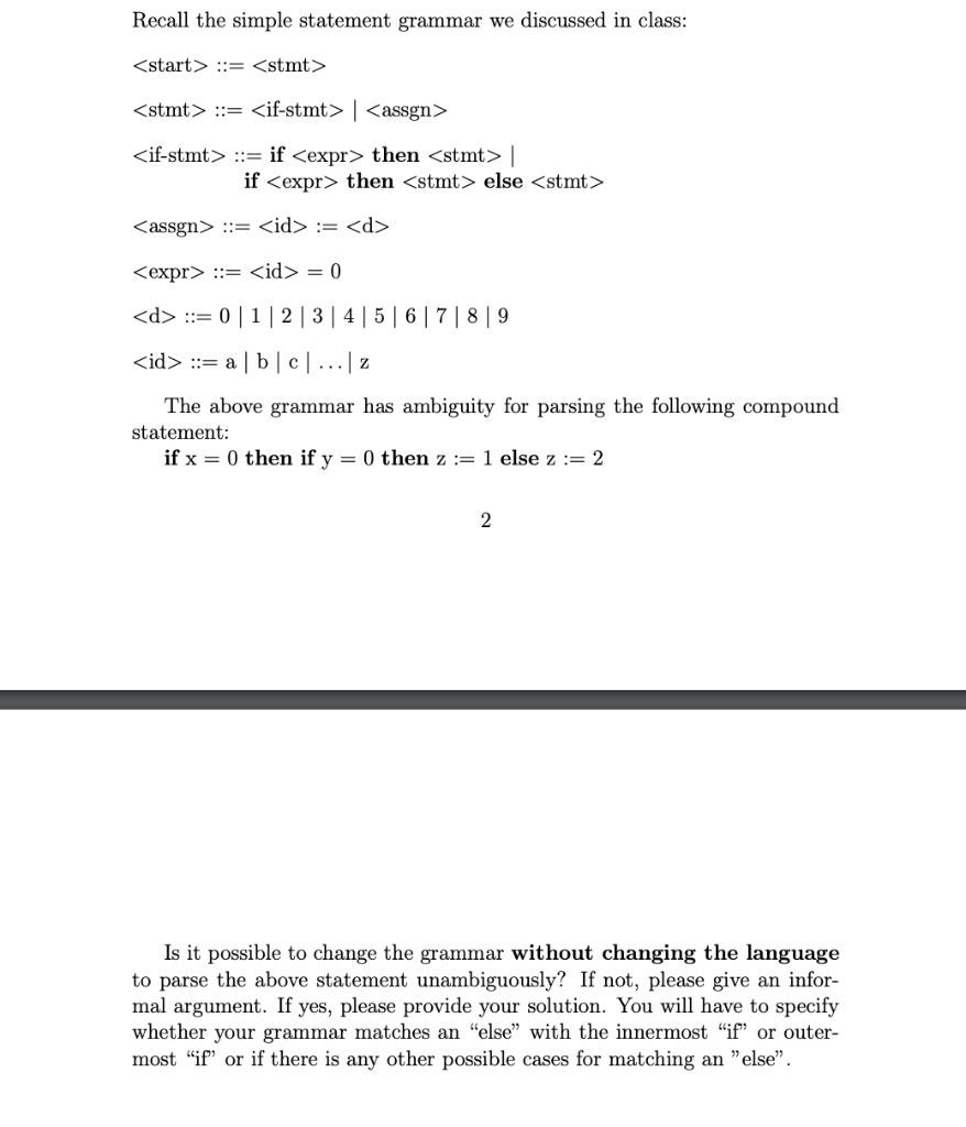 Recall the simple statement grammar we discussed in | Chegg.com