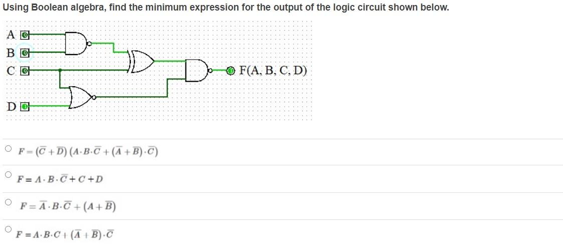 Solved Using Boolean algebra, find the minimum expression | Chegg.com