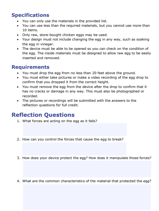 Solved Egg Drop Physics Lab Directions: Follow the procedure | Chegg.com