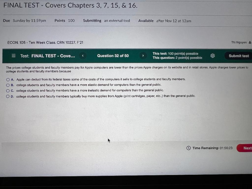 Solved FINAL TEST - Covers Chapters 3, 7, 15, & 16. Due | Chegg.com