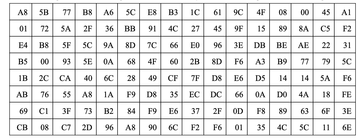 Solved A8 5B 77 B8 A6 5C E8 B3 10 61 9C 4F 08 00 45 A1 01 72 | Chegg.com