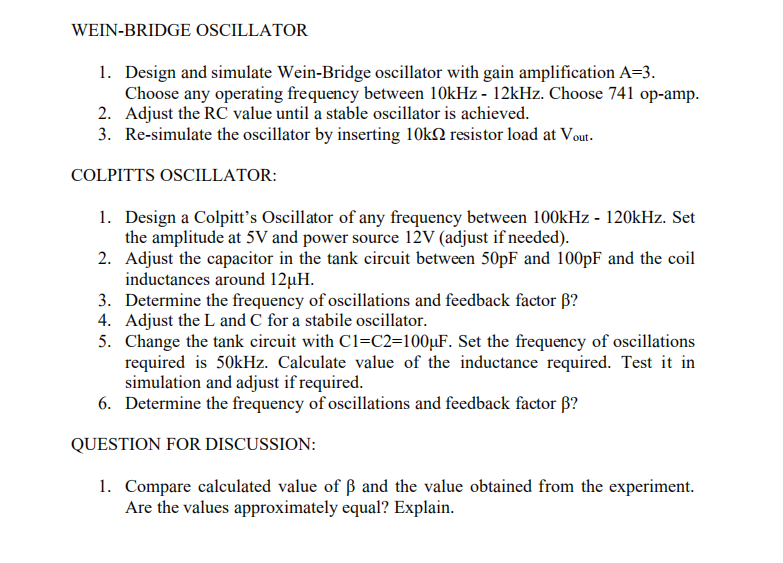 WEIN-BRIDGE OSCILLATOR 1. Design and simulate | Chegg.com